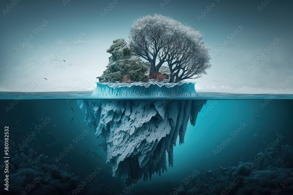 A tree grows on an iceberg in the middle of the ocean, concept of ...