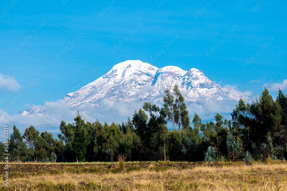 chimborazo visto desde carretera con cielo nublado y arboles Stock ...