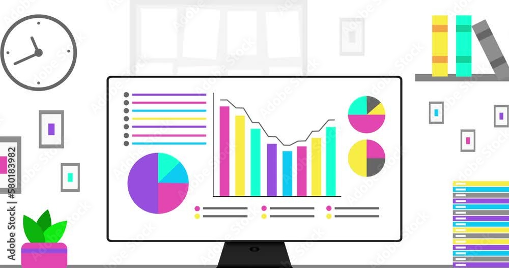 Office computer with modern Infographics on screen. Modern Office ...