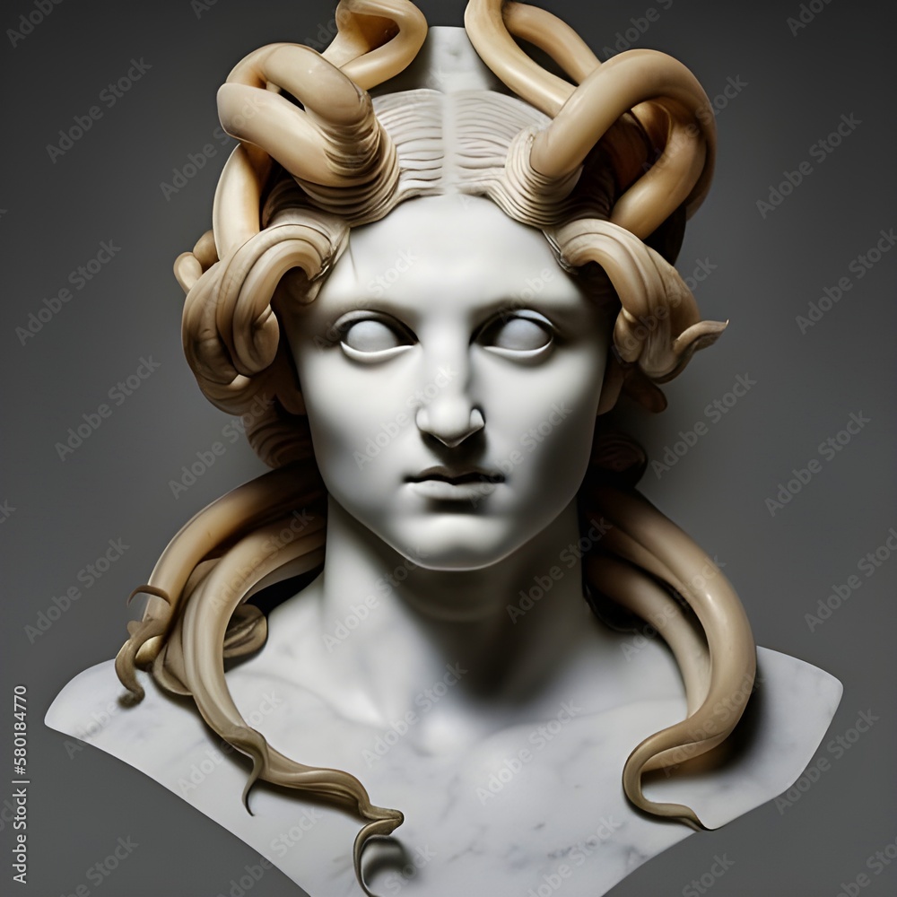 Generative AI image featuring a white marble bust of Medusa, otherwise ...