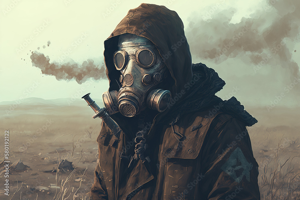 Haunting portrait of gas mask survivor in nuclear disaster. Gritty ...