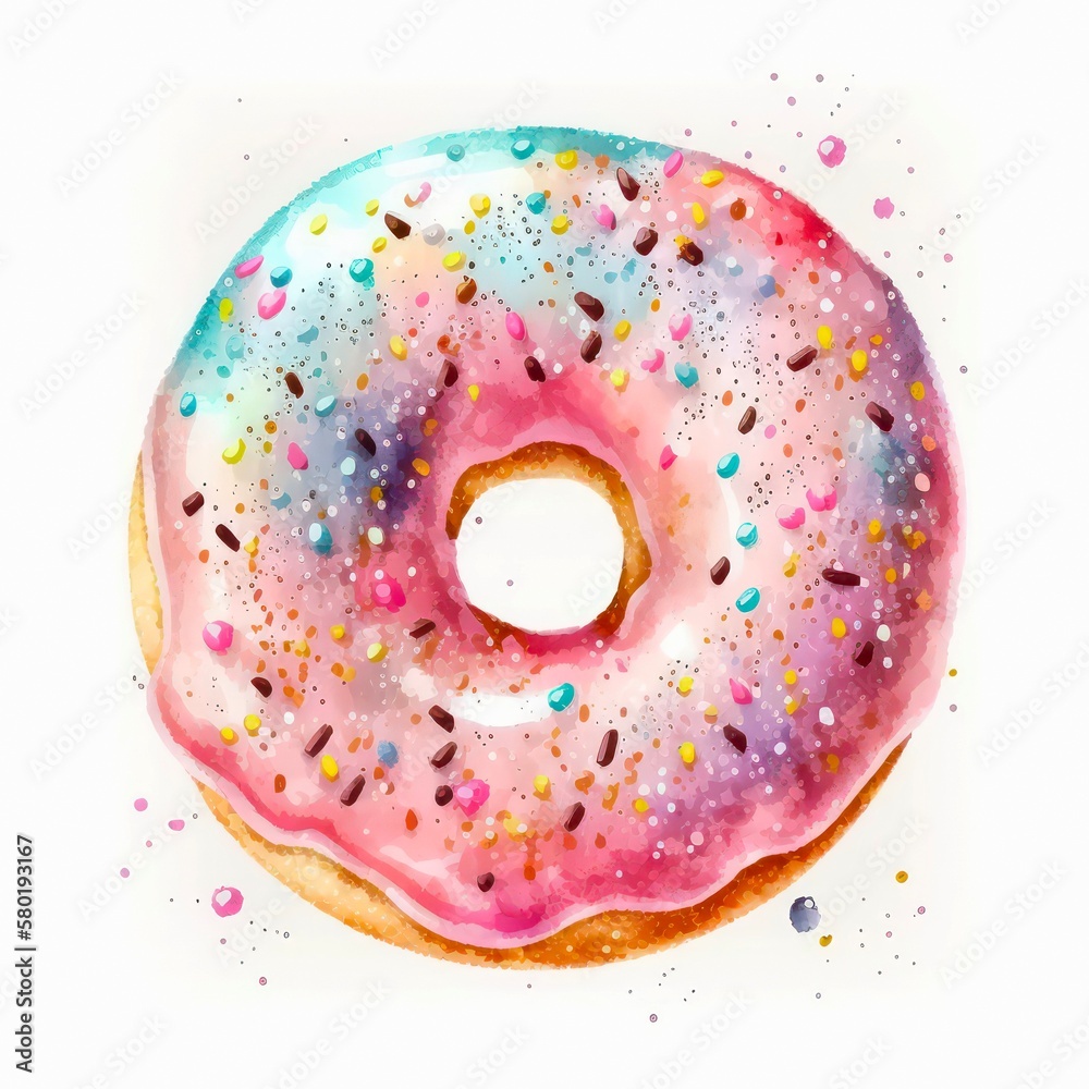 Watercolor illustration of a baked donut with rainbow glaze and ...