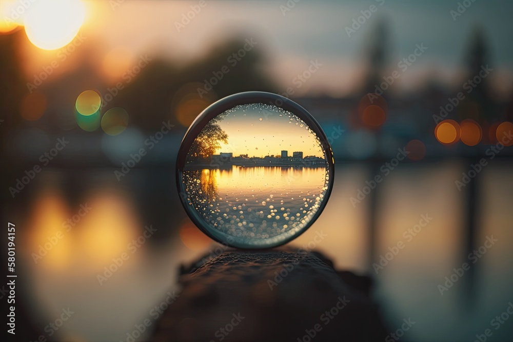 Round water glare with a blurred backdrop, a river in the distance, and ...