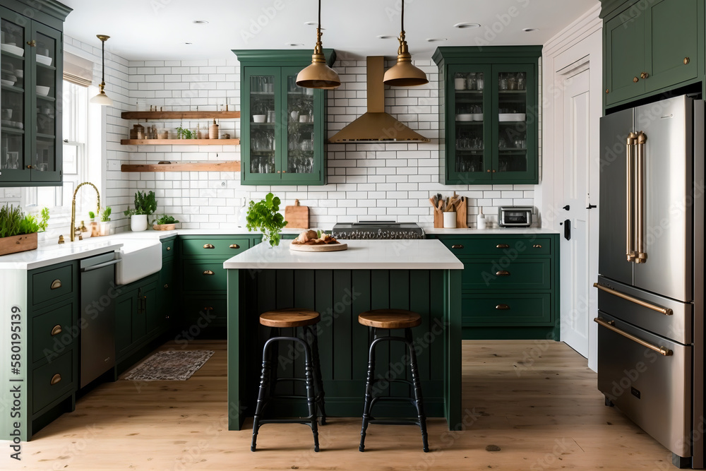 A vintage green kitchen with an island featuring white brick, laminate ...
