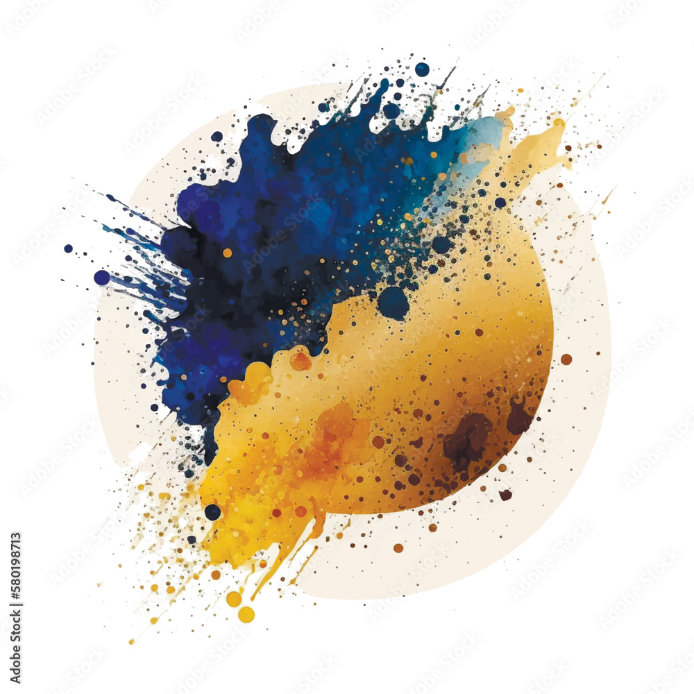 Cobalt blue yellow watercolor splash blot splatter stain with gold ...
