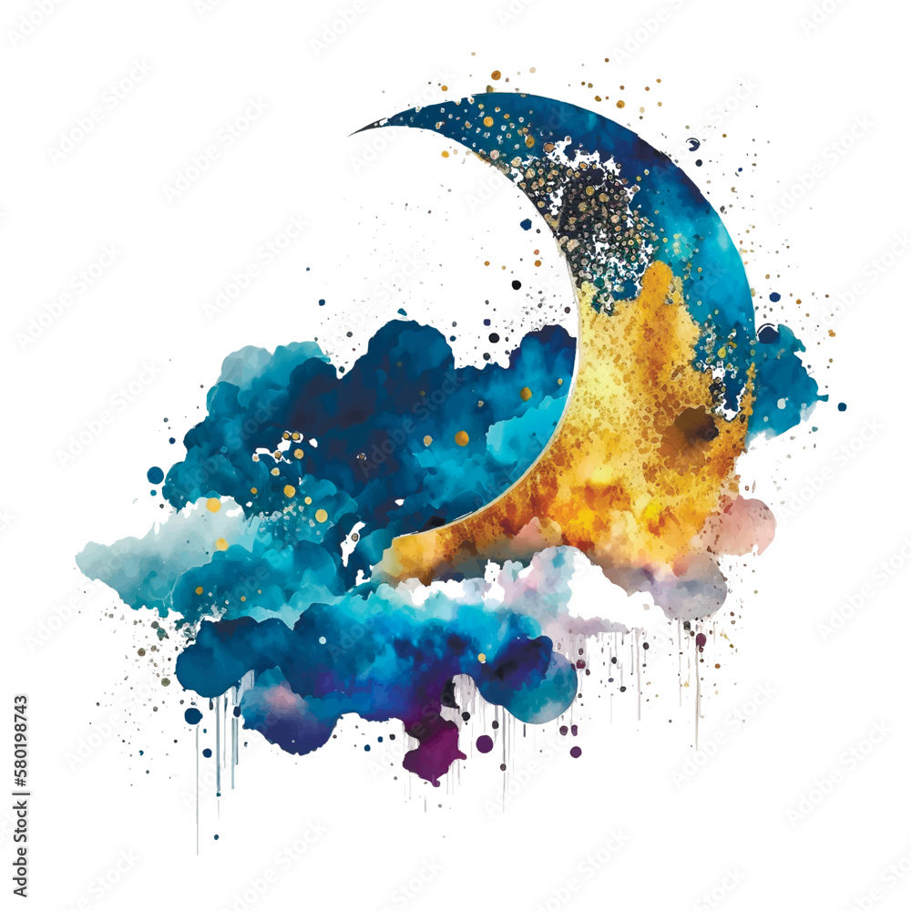Watercolor blue clouds moon sky and gold glitter. Beautiful modern hand ...