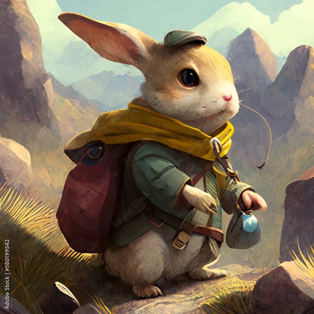 Extremely cute little Anthropomorphic mountain rabbit, a Brave Explorer ...