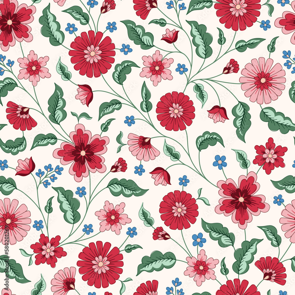 Indian Trailing Flowers Vector Seamless Pattern. Cottagecore Chintz ...