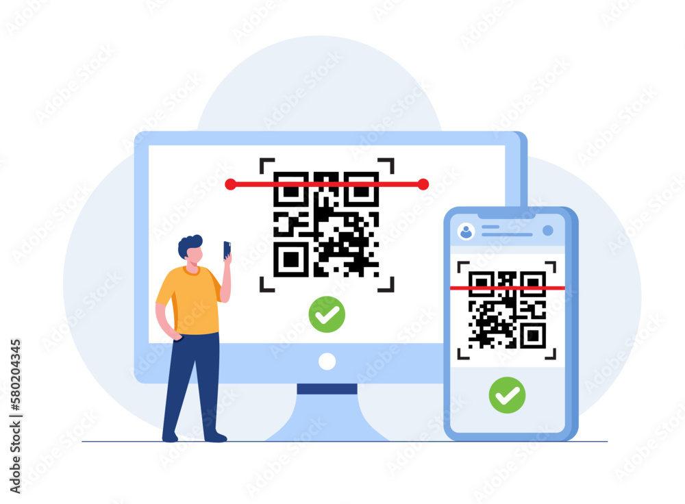 QR code scanning vector illustration concept, people use smartphone and ...