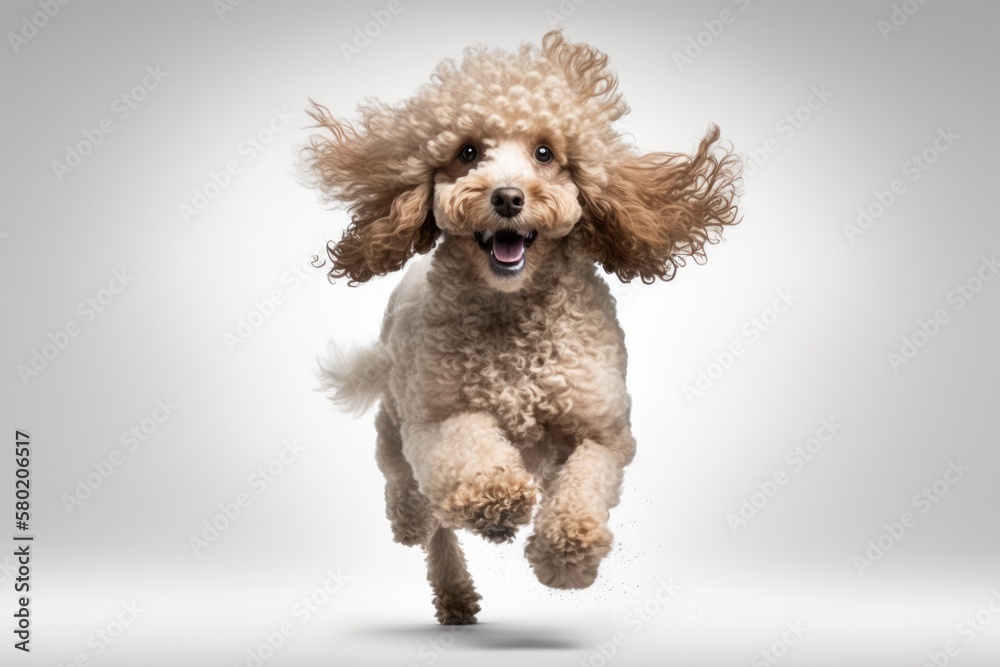 Portrait of a cute purebred poodle posing and running around happily in ...