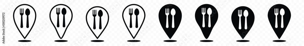 Restaurant map pins icon set. Restaurant location pins. Spoon and fork ...