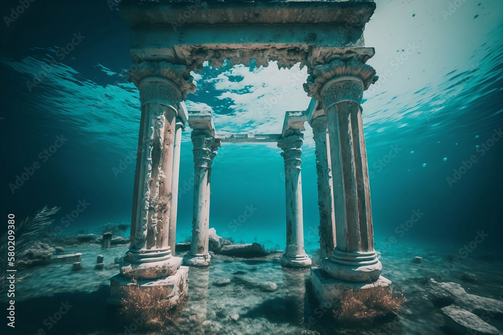 AI illustration of an ancient greek temple underwater Stock ...