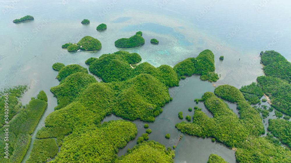 Aerial drone of tropical island in the cove. Clusters of islands in ...