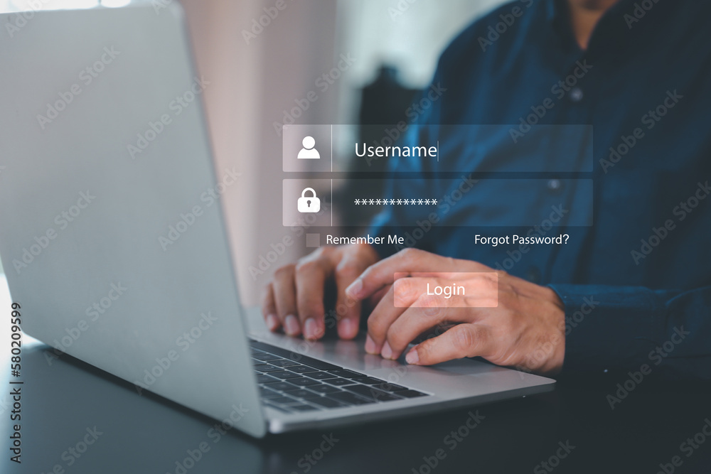 Businessman use laptop login register username and password identity on ...