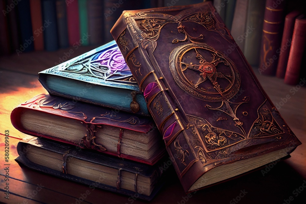 stack books sitting top wooden table fairy magic book standing inside ...