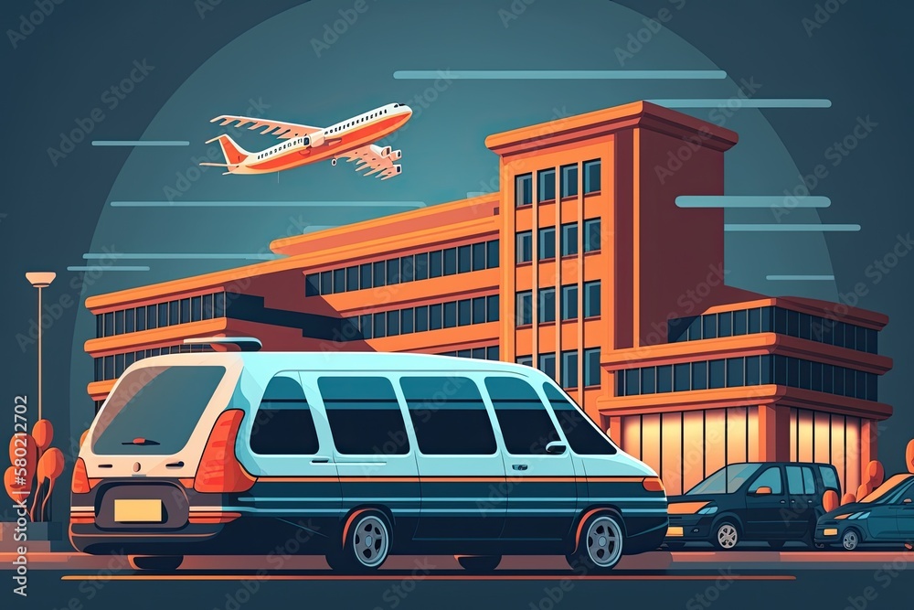 A minivan, hotel, and airport building are shown in this image ...