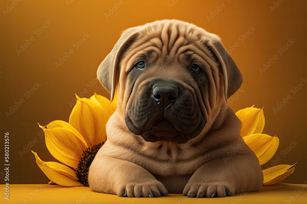 Cute Shar pei puppy sitting on its side. Cute droopy eyes that are ...