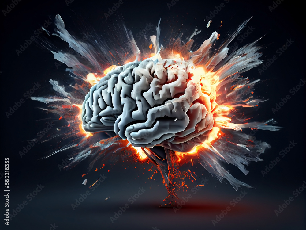 Fiery explosion of the human brain, concept, on a dark uniform background. Generative AI Stock ...