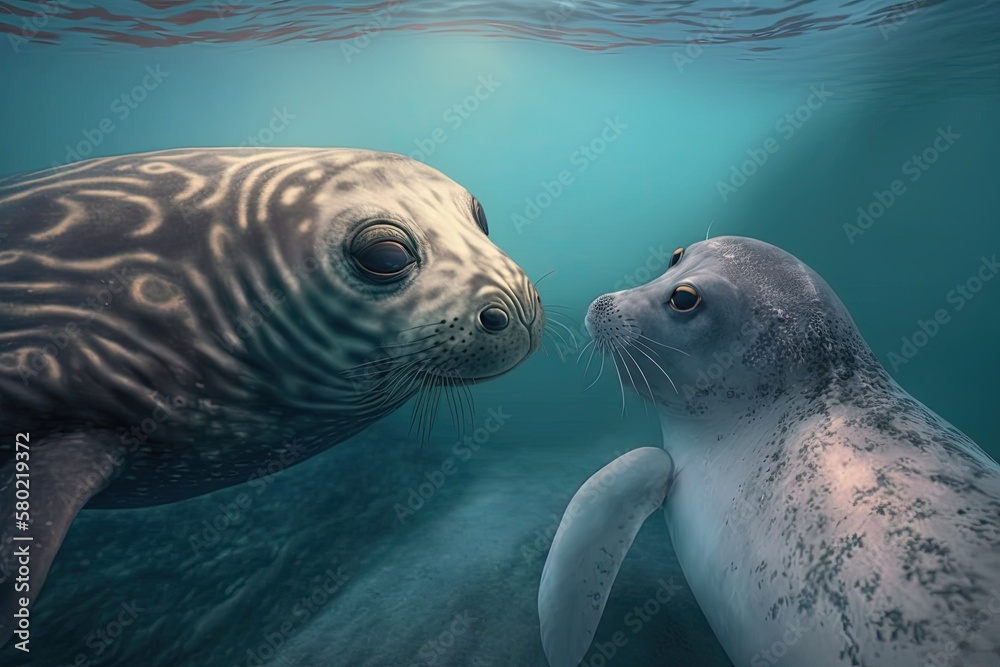 Animal with worries. In the water of the sea, a seal is holding on to a ...