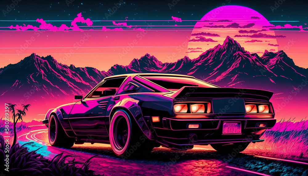 Wallpaper car, retrowave, Synthwave. Generative AI Stock Illustration ...