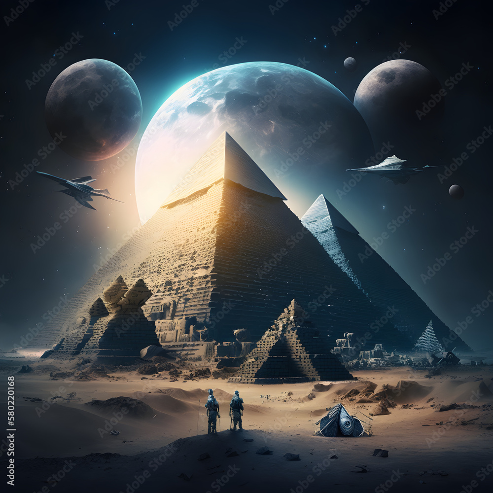 Futuristic pyramid in the desert on the moon in the night sky, Ancient ...