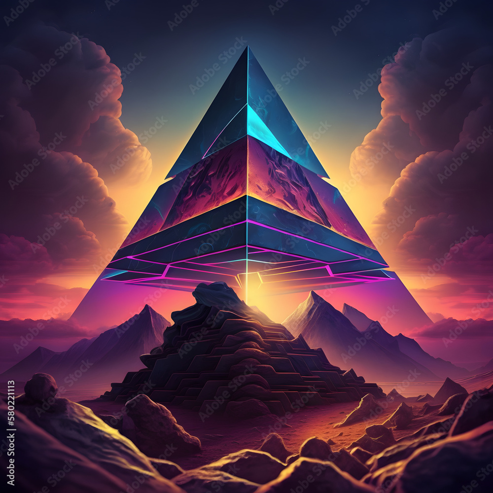 pyramid in the sky, abstract synthwave background with pyramids at ...