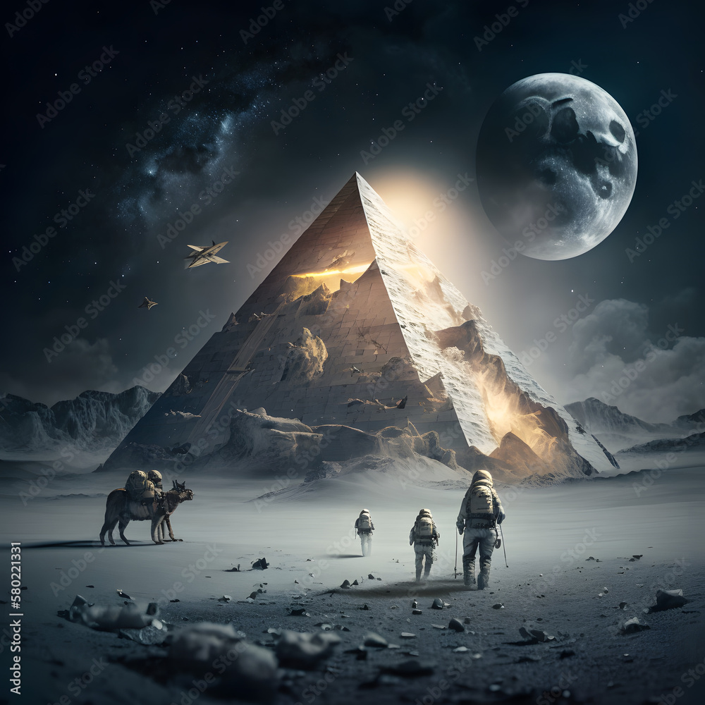 Futuristic pyramid in the desert on the moon in the night sky, Ancient ...