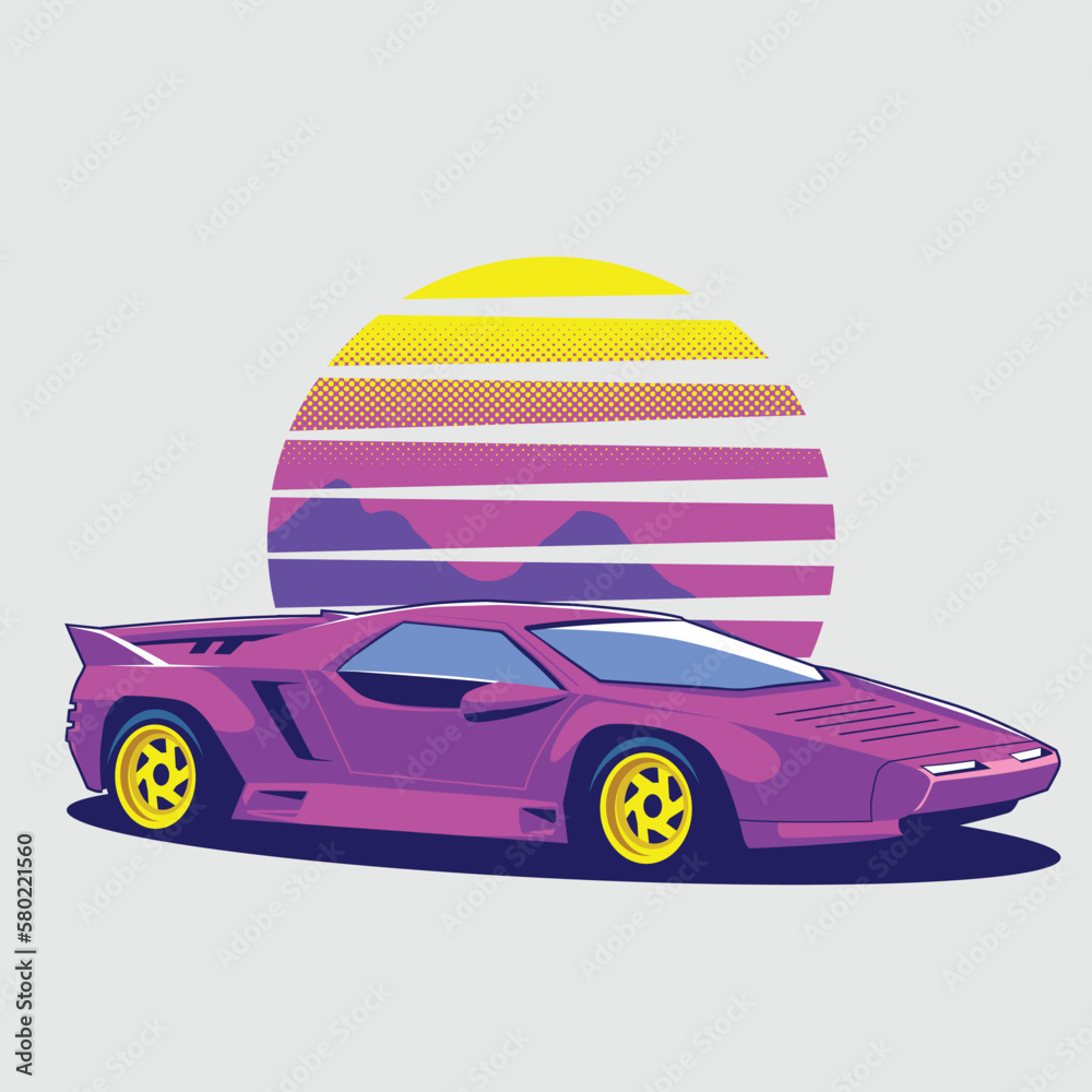 Retro 80s sci-fi futuristic style background with supercar. Vector retro futuristic synth wave ...