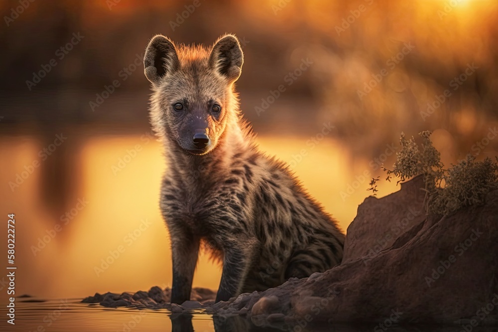 Young hyena pup, evening sunset light. Hyena, detail portrait. Spotted ...
