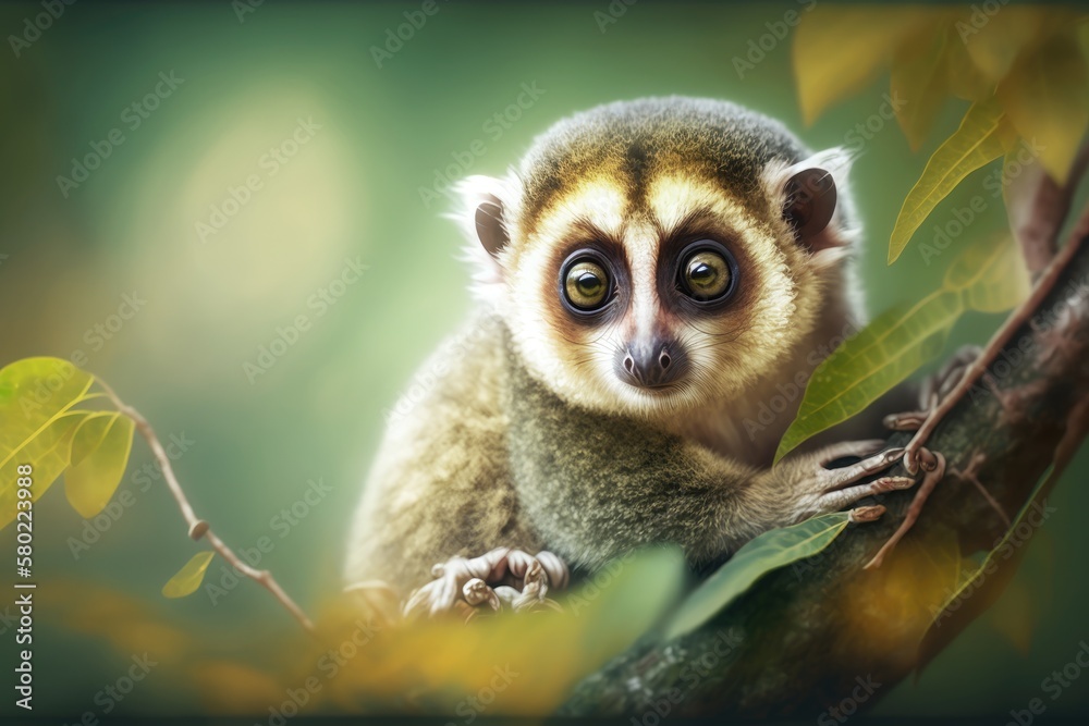 A cute little slow loris is climbing up a tree branch, and the green ...