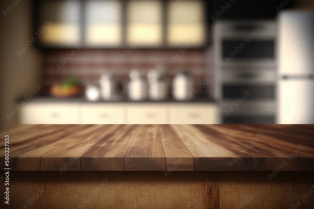Generative AI. A modern dark wooden kitchen countertop with decor and a ...