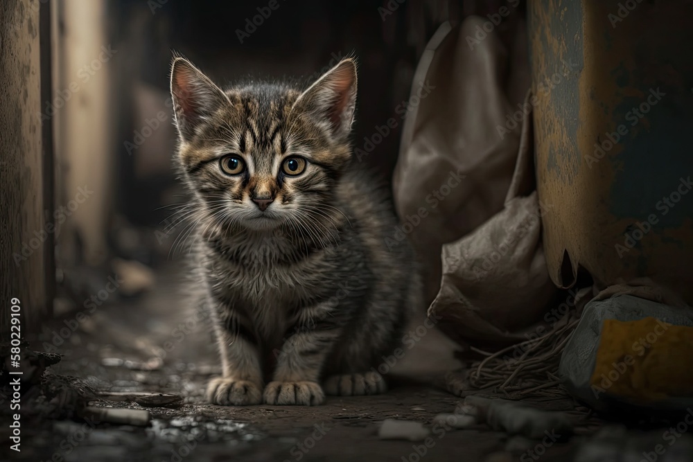 Cat that lives in the wild. Photo of a dirty, homeless cat. Animals are ...