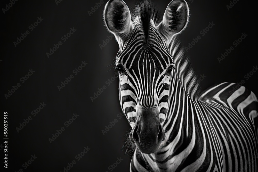 Portrait of a zebra in black and white. A wild animal from Africa looks ...