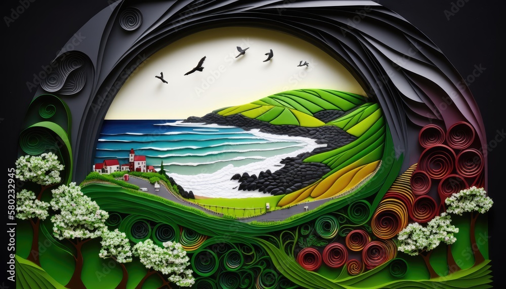 Emerald Isle Through Gorgeous Paper Quilling Landscape Art. Generative ...