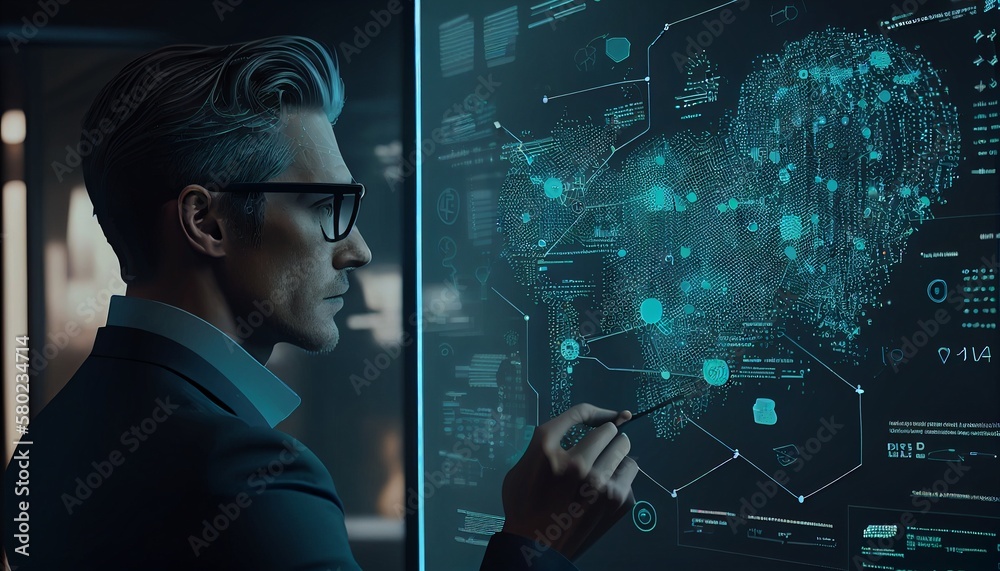 Data science and big data technology. On a virtual screen, a data ...