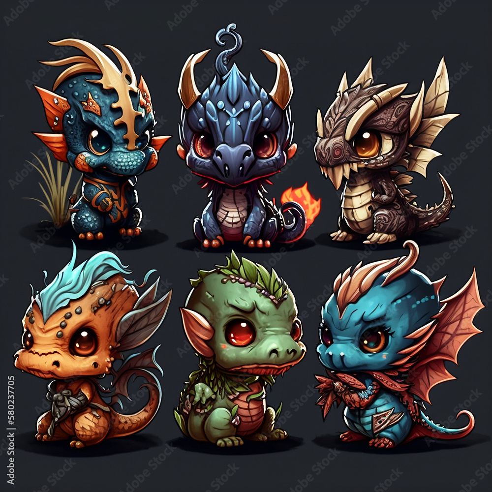 6 chibi dragons, doodle art, 8k ,Generative AI Stock Illustration ...