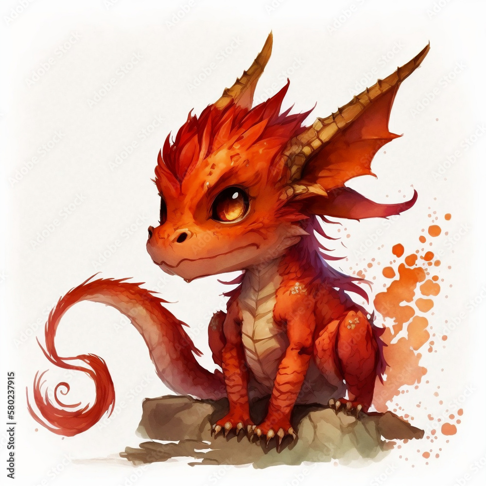 watercolor painting of a chibi red dragon with loose gestural, white ...