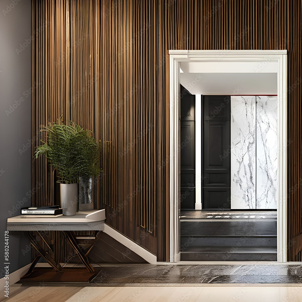 1 A formal entryway with a sleek, modern staircase and a dark, wood ...