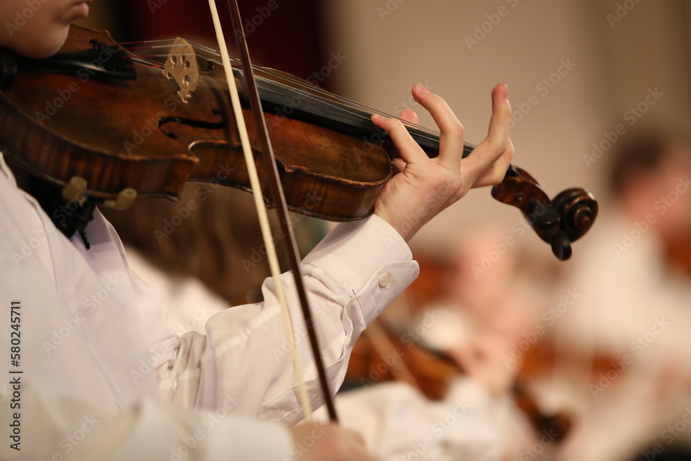 Person playing the violin with a bow wooden stringed musical instrument ...