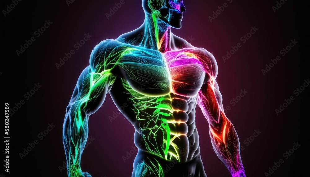 Translucent human body muscles colorful neon glowing on dark background ...