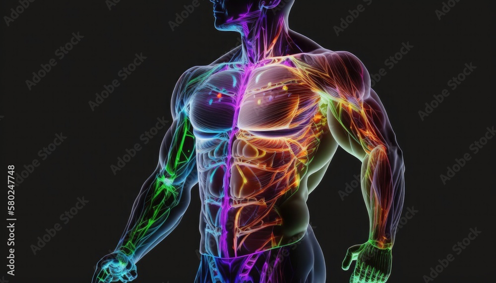 Translucent human body muscles colorful neon glowing on dark background ...