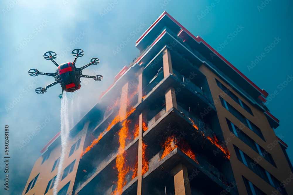 Fire fighting drone flying for extinguish a fire on a residential high ...