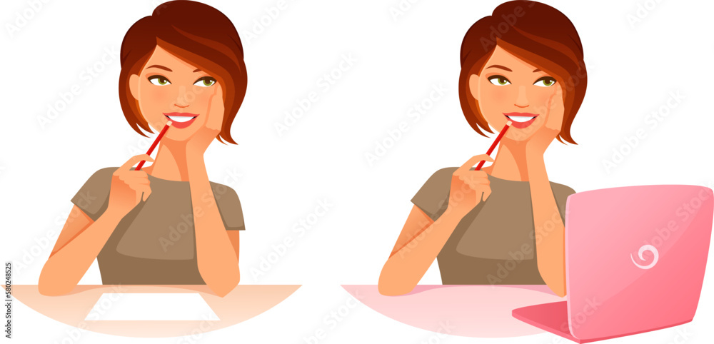 cute illustration of a young woman thinking, writing a letter or ...