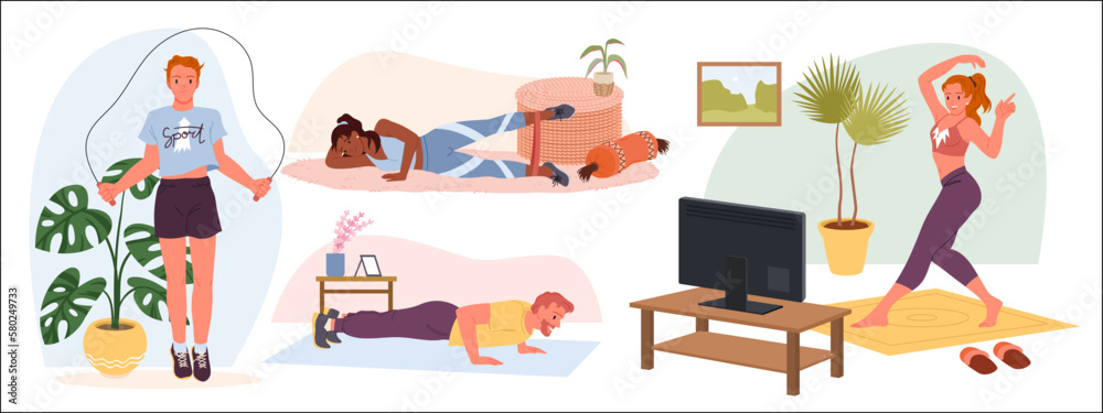 Cartoon boy jumping with skipping rope and training, girl dancing on ...