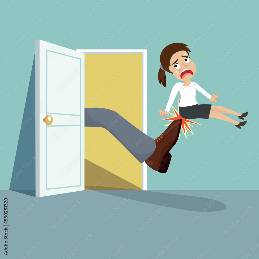 Businesswoman being kicked out of the door, Dismissed from her job ...