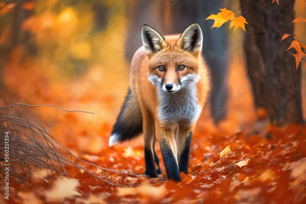 Red Fox, Vulpes vulpes, looking cute in the fall forest. Beautiful ...