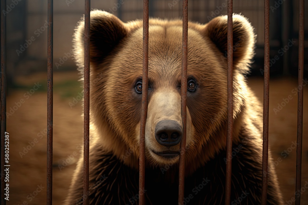 Sad bear in a cage for animals. The bars of a cage keep a Carpathian ...
