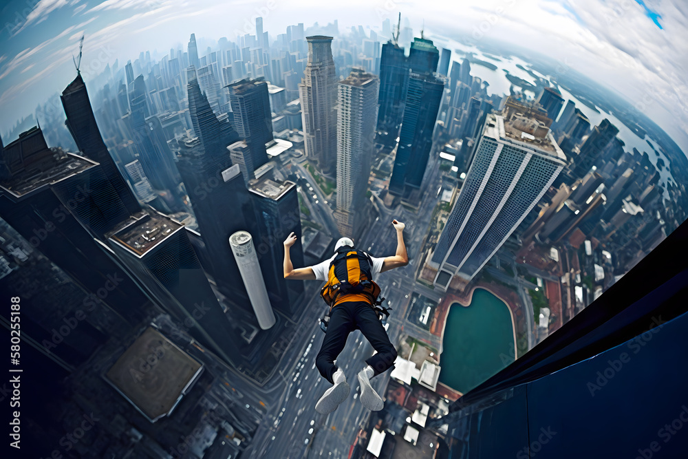 Extreme athlete jumps from the tower of a skyscraper and flies over the ...