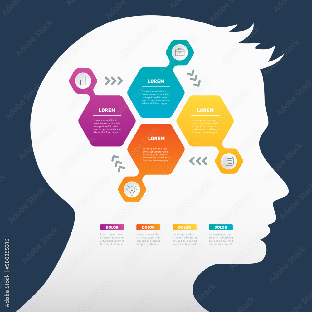 Presentation with four parts. Infographics with silhouette of a human ...
