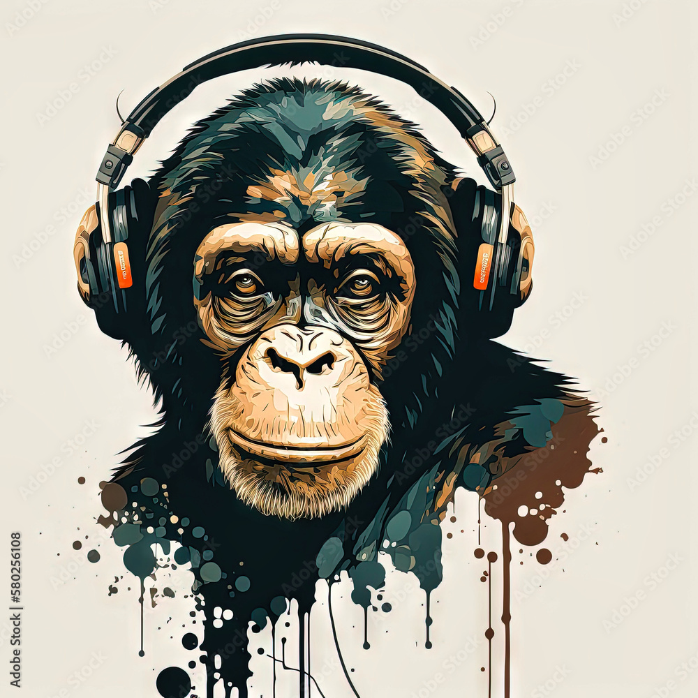 DJ monkey with headphones listening to music. Music graphite poster ...